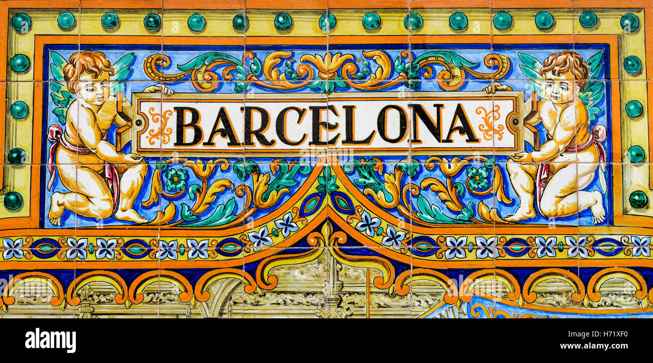 Detail from the tiled bench dedicated to Barcelona at the Plaza de ...