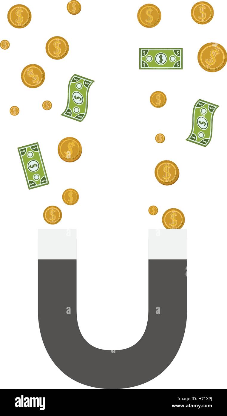 magnet icon with money bills and coins over white background. vector ...