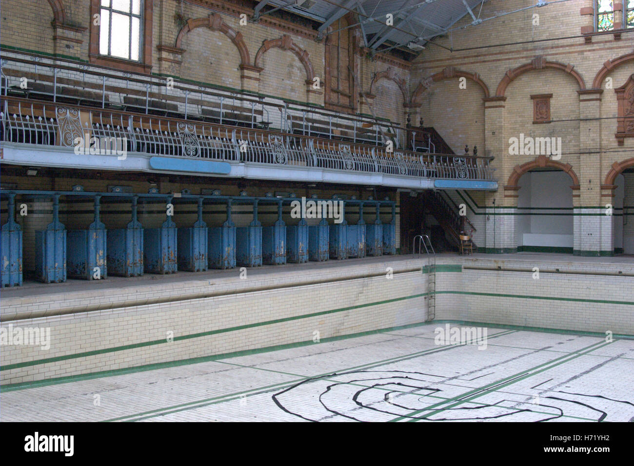 Pool, Changing Cubicles and Balcony, Victoria Baths, Manchester Stock ...