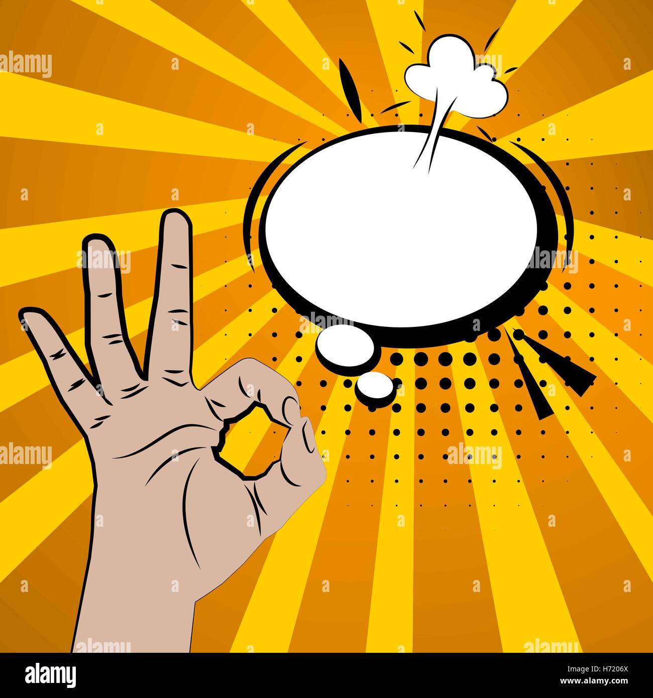 Hand sign comic retro pop art style white circle bubble. Gestures okay ...