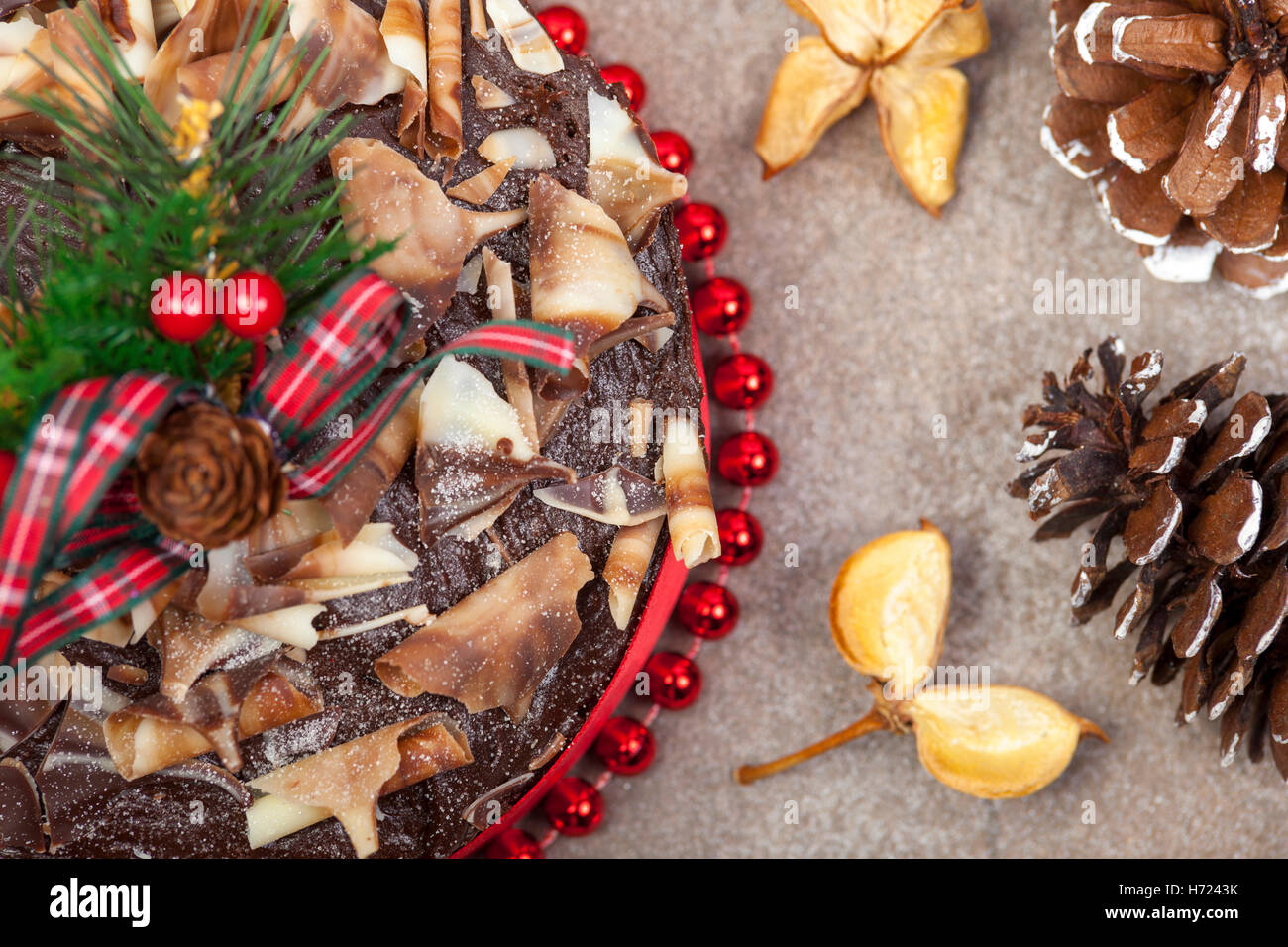 Top view of a frosted chocolate christmas cake with a twirl topping ...