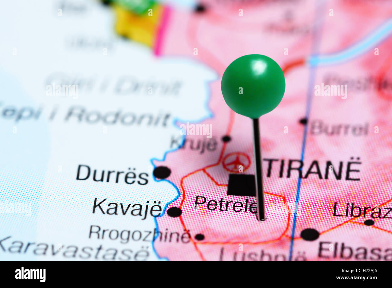 Petrele pinned on a map of Albania Stock Photo - Alamy