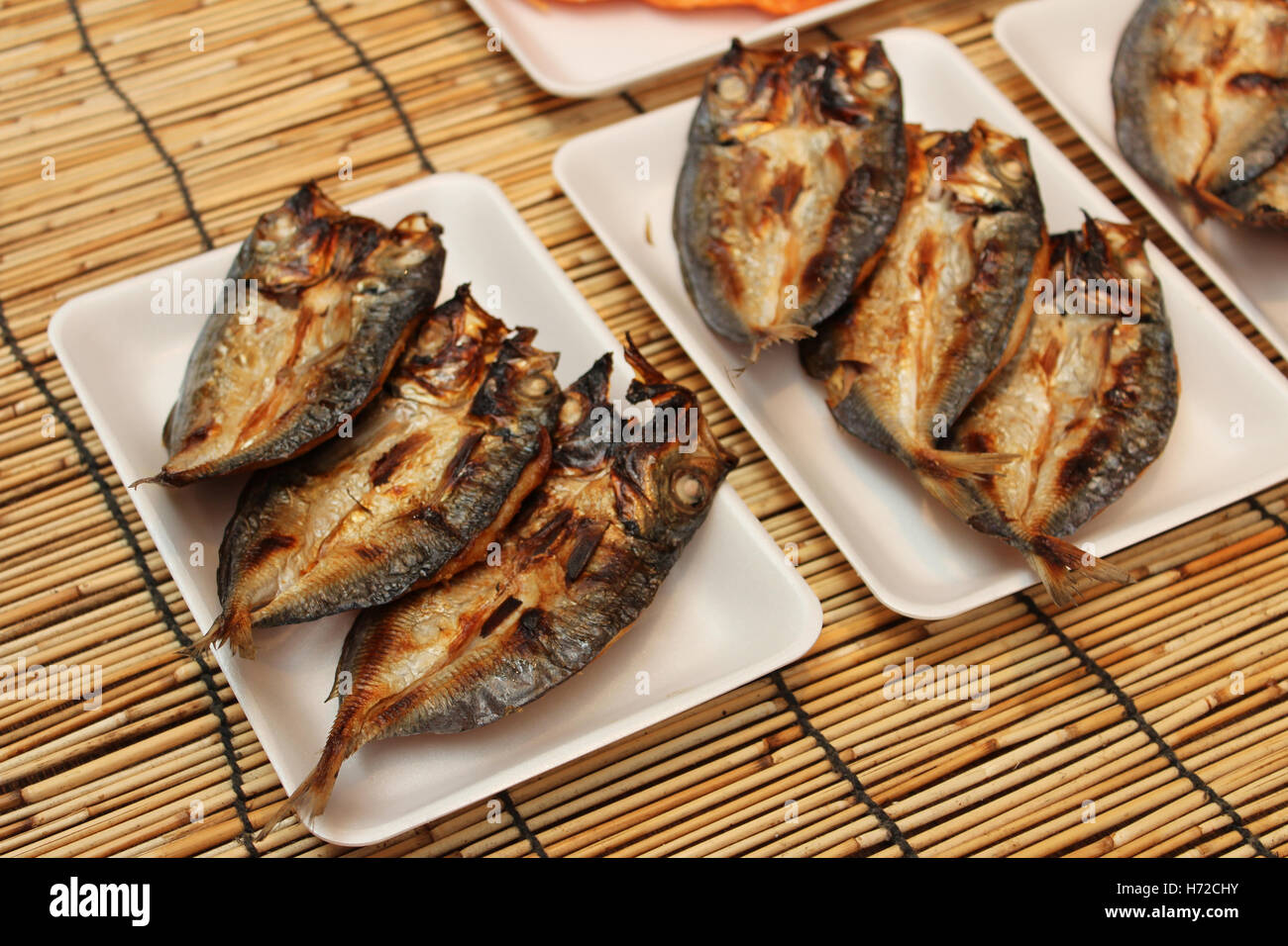 Fried fish on sale in the Kuromon Ichiba Market, Osaka, Japan Stock ...