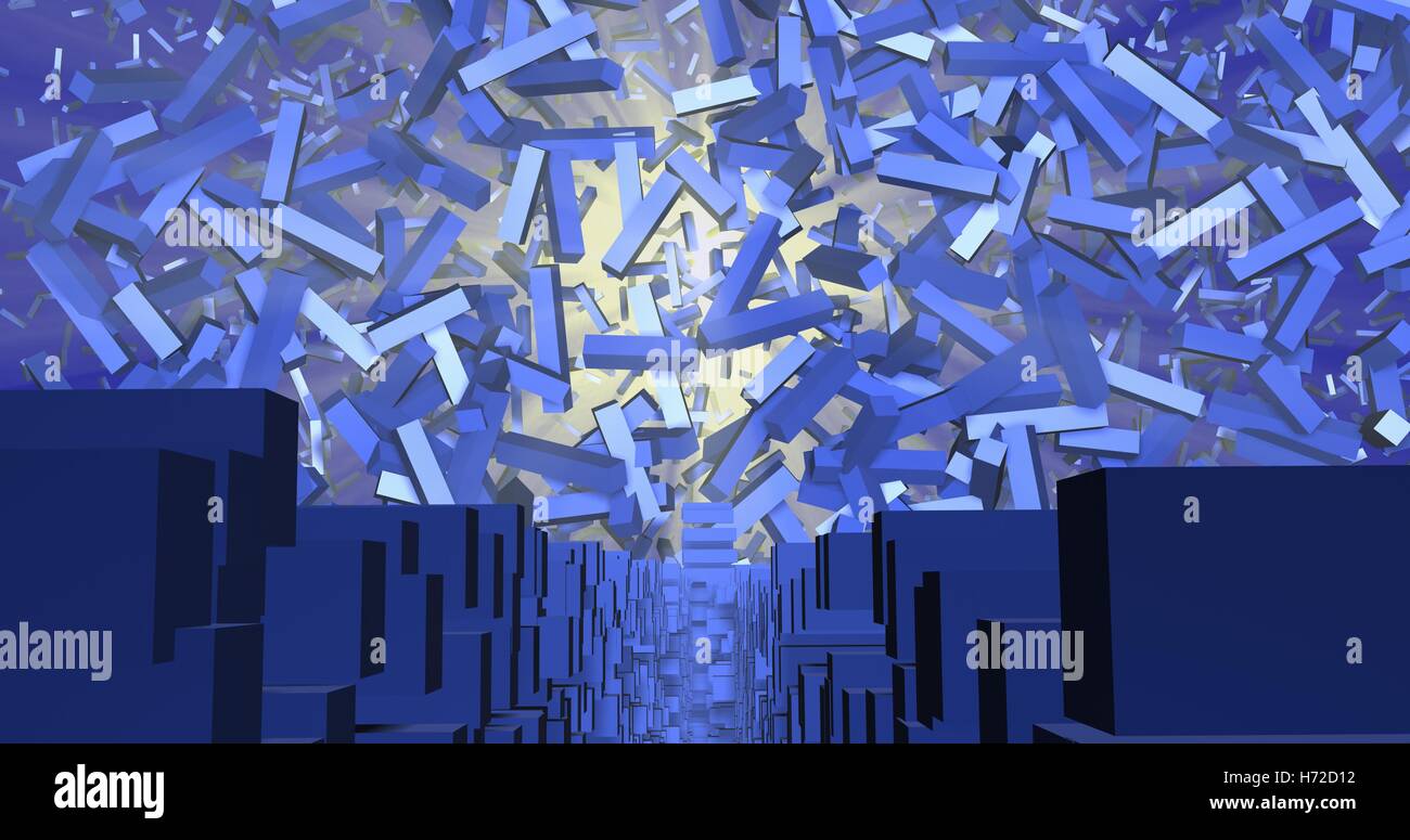 3d city with Floating swarm of 3d cubes, blocks in front of sun rays ...