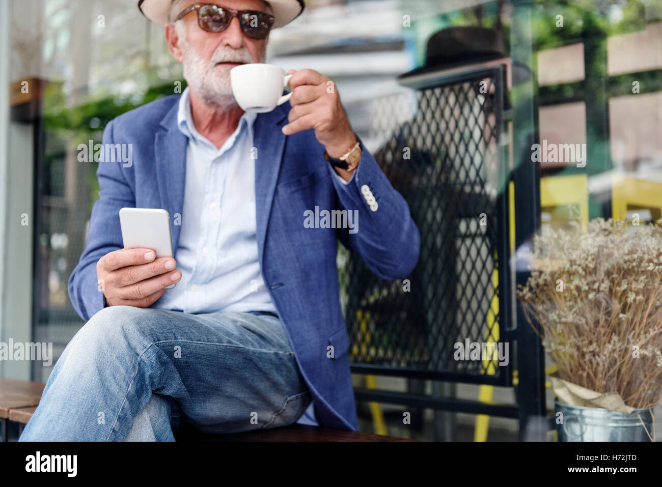 Senior Man Coffee Shop Communication Connection Technology Concept ...