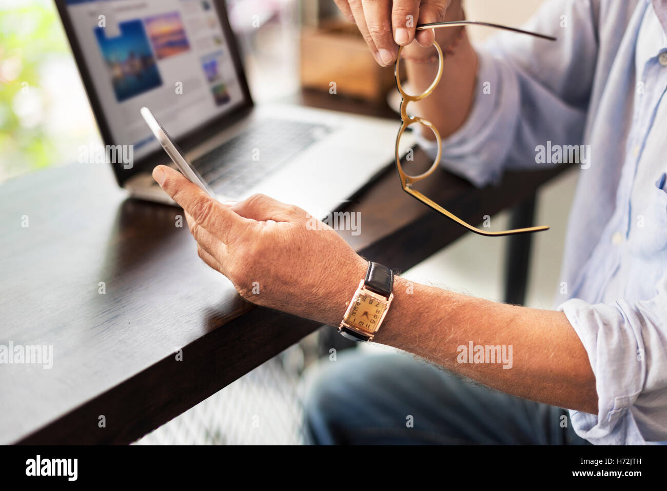Senior Man Coffee Shop Communication Connection Technology Concept ...