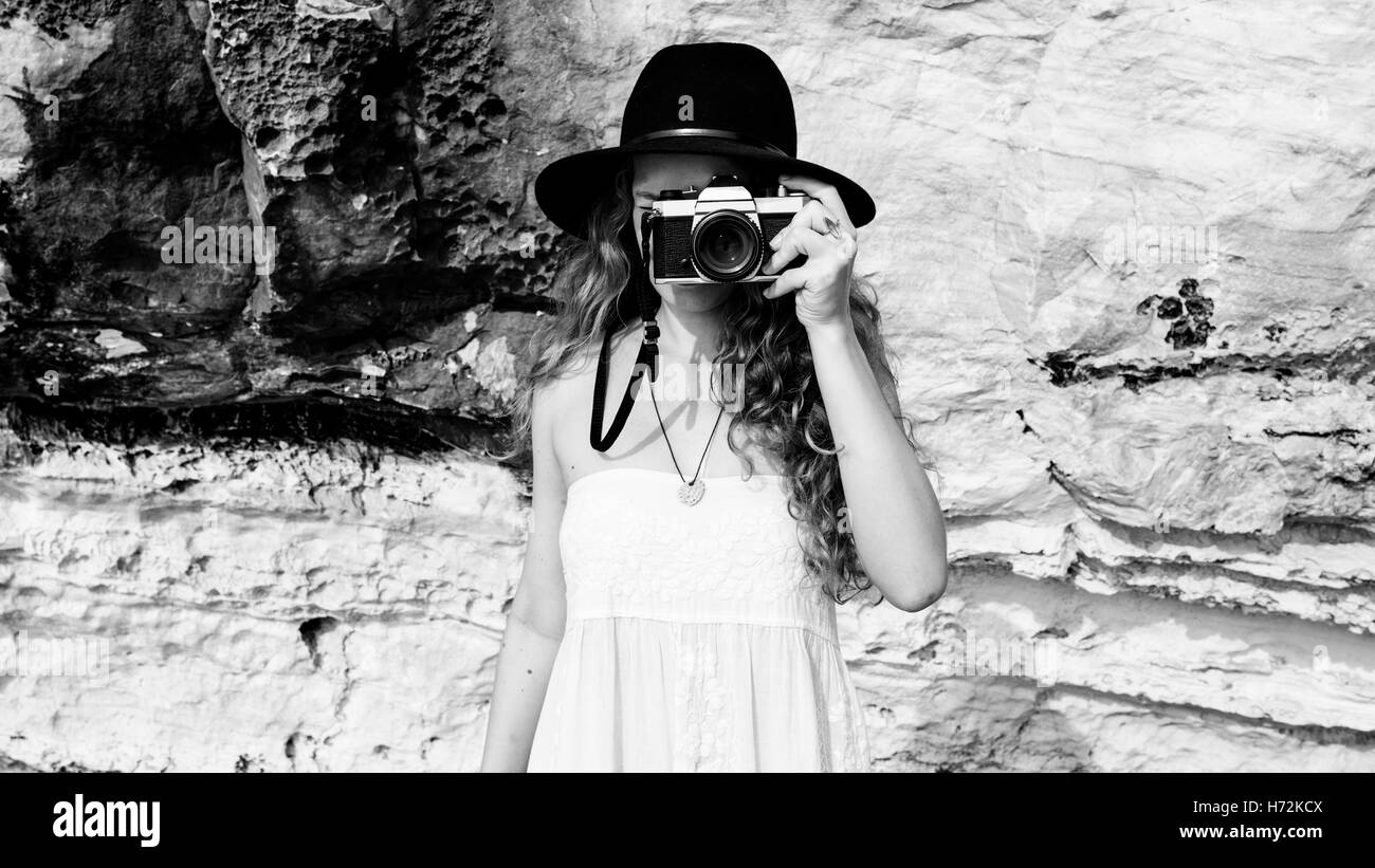 Girl Camera Photographer Focus Shooting Nature Concept Stock Photo - Alamy