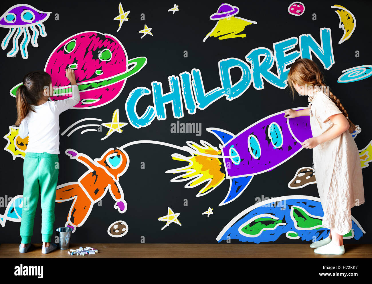 Kids Imagination Space Rocket Joyful Graphic Concept Stock Photo - Alamy
