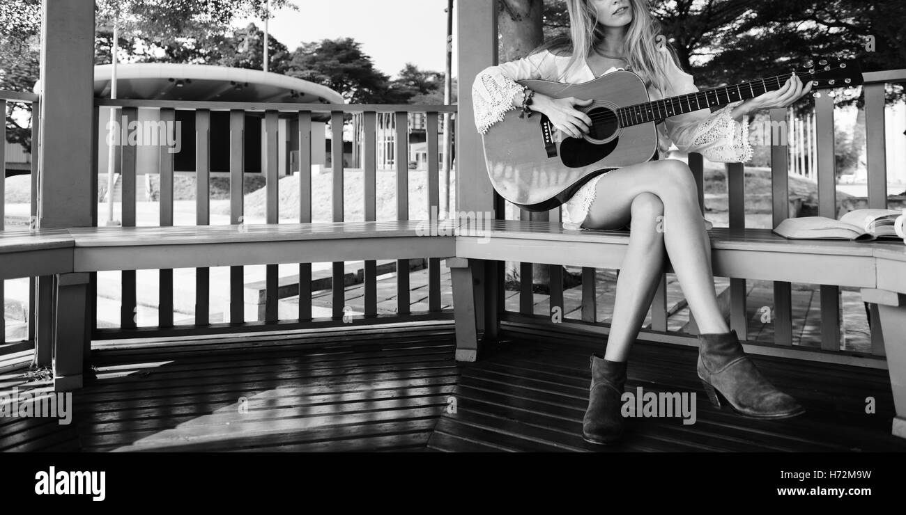 Guitar Girl Relaxation Casual Instrument Leisure Concept Stock Photo ...