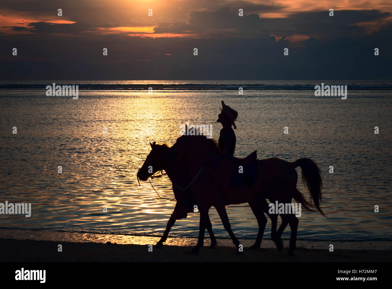 An unrecognizable human rides walking on beach with two horses at ...