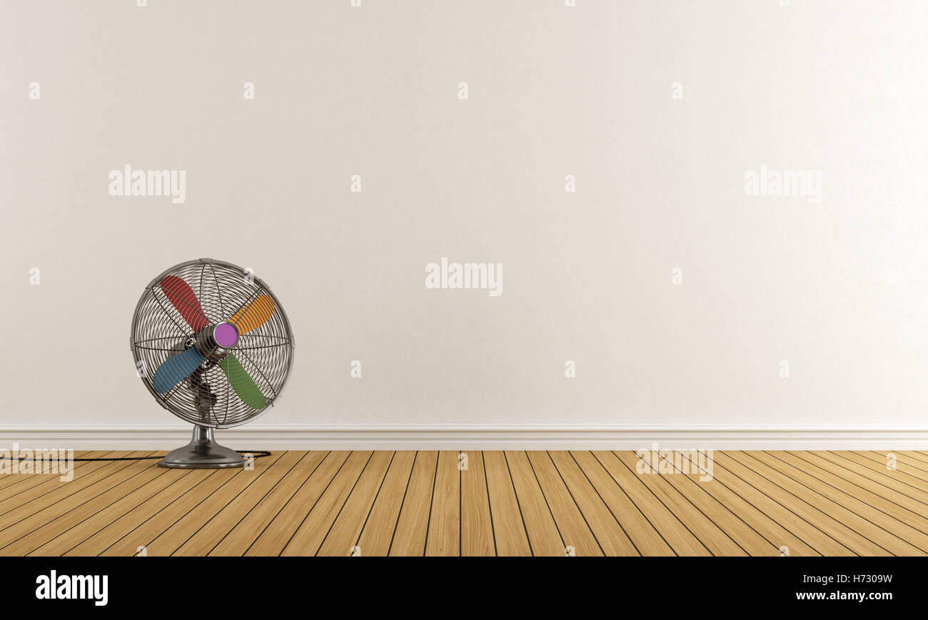 Empty room colorful fan white wall wooden floor hi-res stock ...