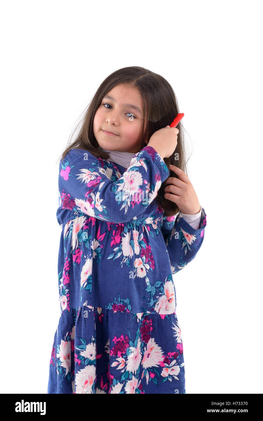 Beautiful Girl Combing Her Hair Isolated on White Background Stock ...