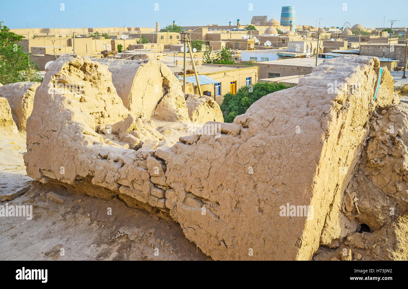 The ruins of the ancient clay tomb on the rampart of Khiva ...