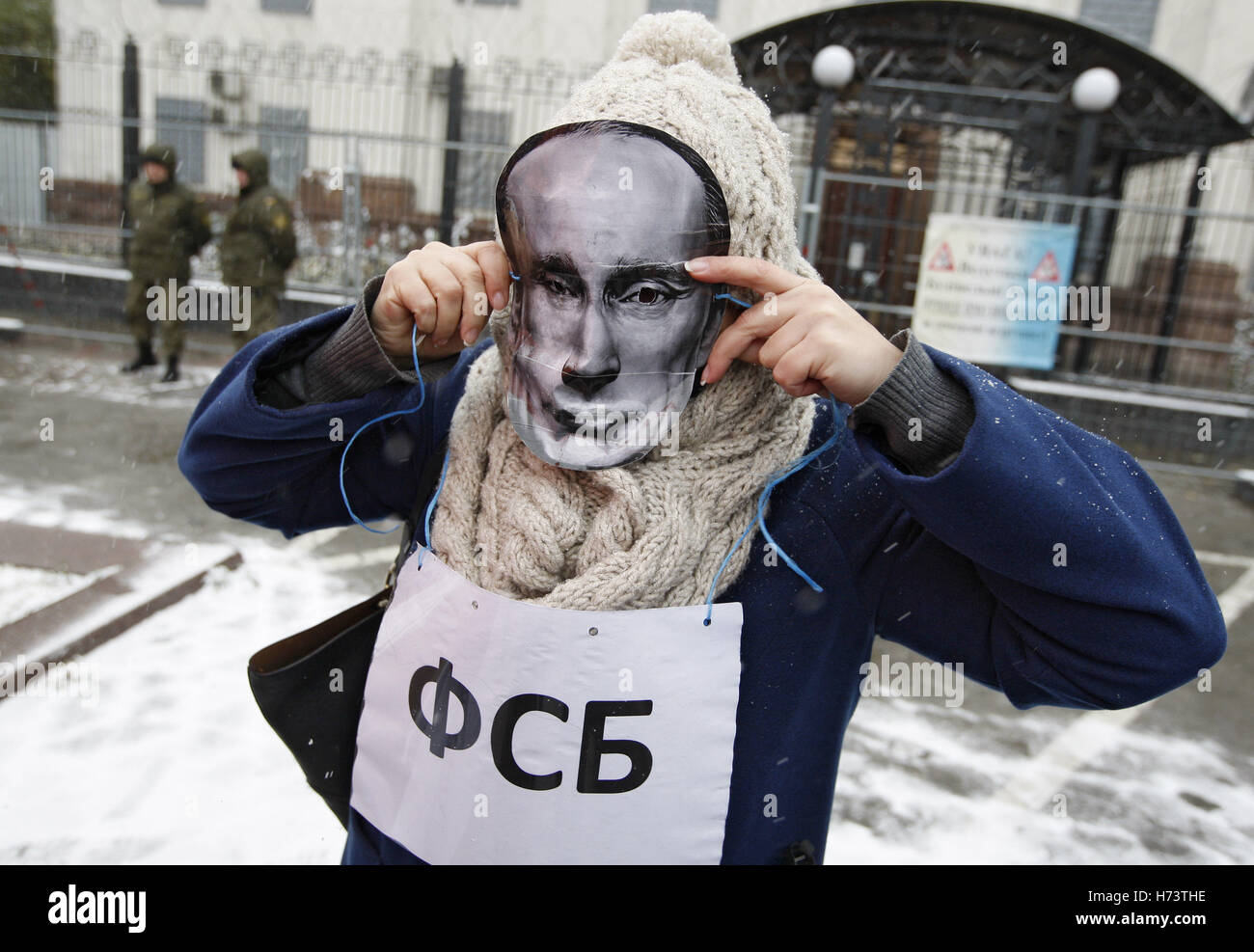 Kiev, Ukraine. 2nd Nov, 2016. An activists in mask depicting Russian ...