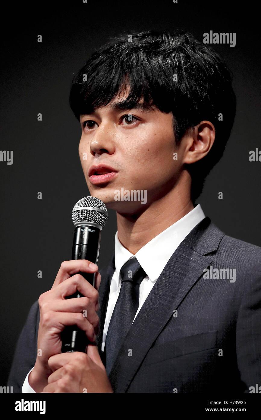 Actor Masahiro Higashide speaks during the stage greeting for the film ...