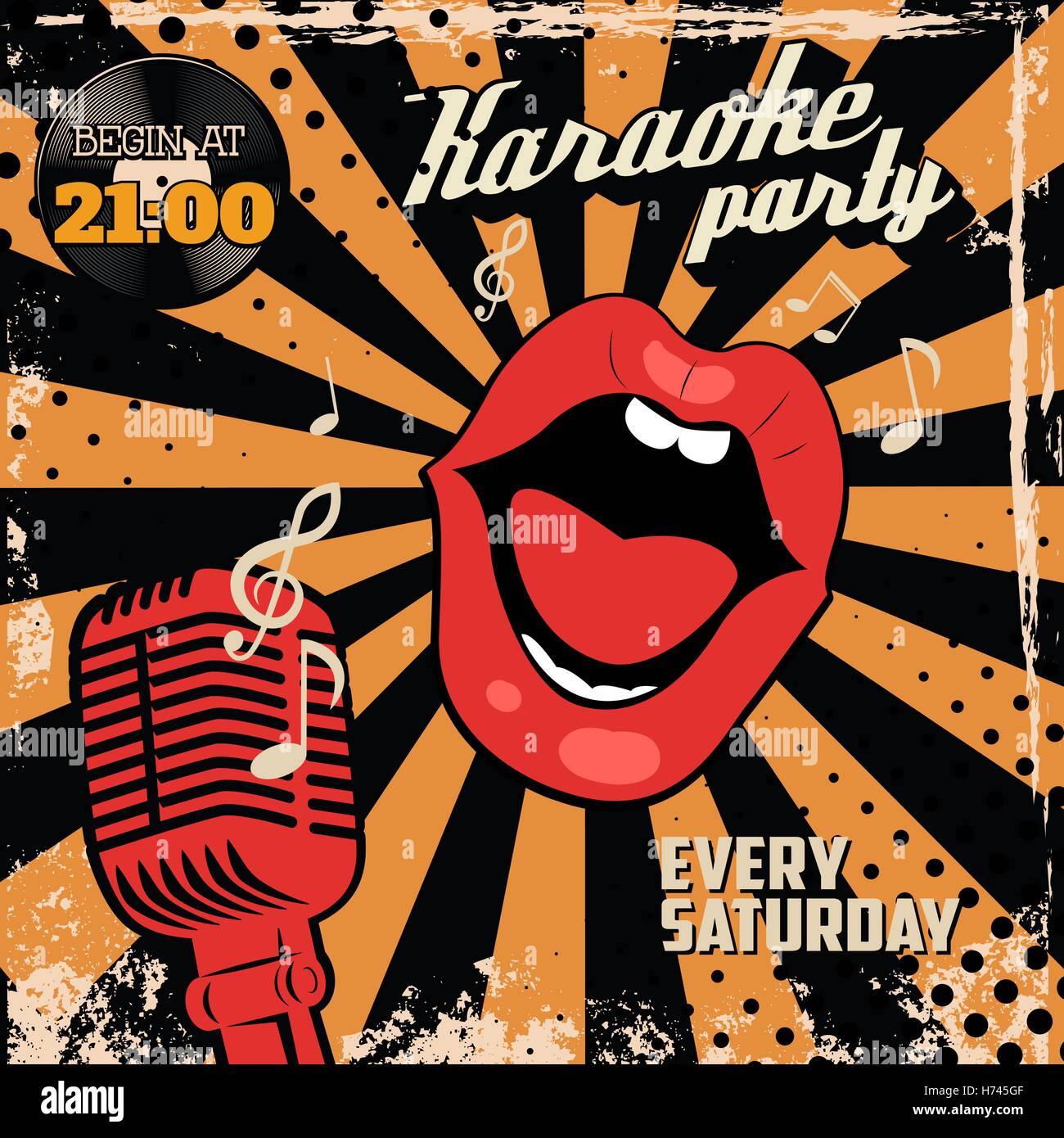 Karaoke party. Human lips with old style microphone on grunge ...