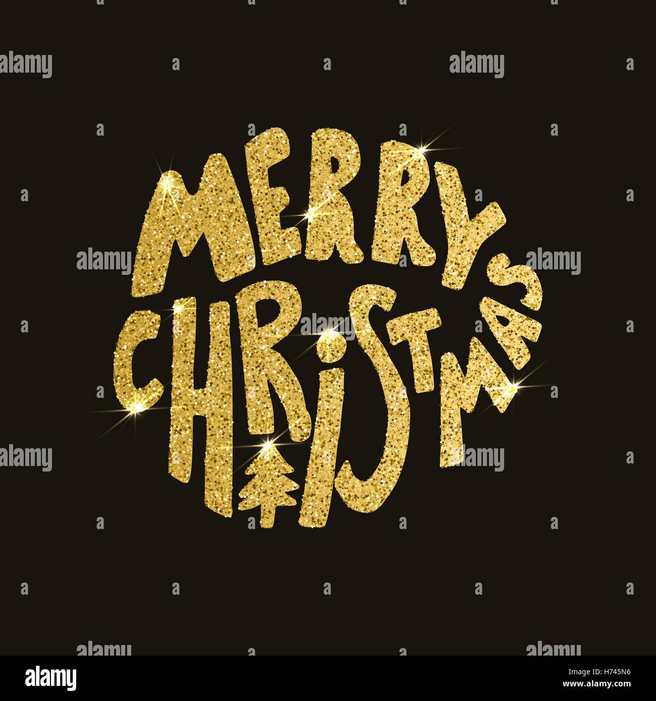 Merry Christmas. Hand drawn lettering on dark background with golden ...