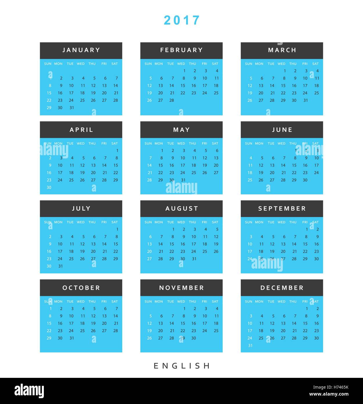 Calendar 2017 year simple style. Week starts from sunday. Template with ... Calendar 2017 year simple style. Week starts from sunday. Template with ...