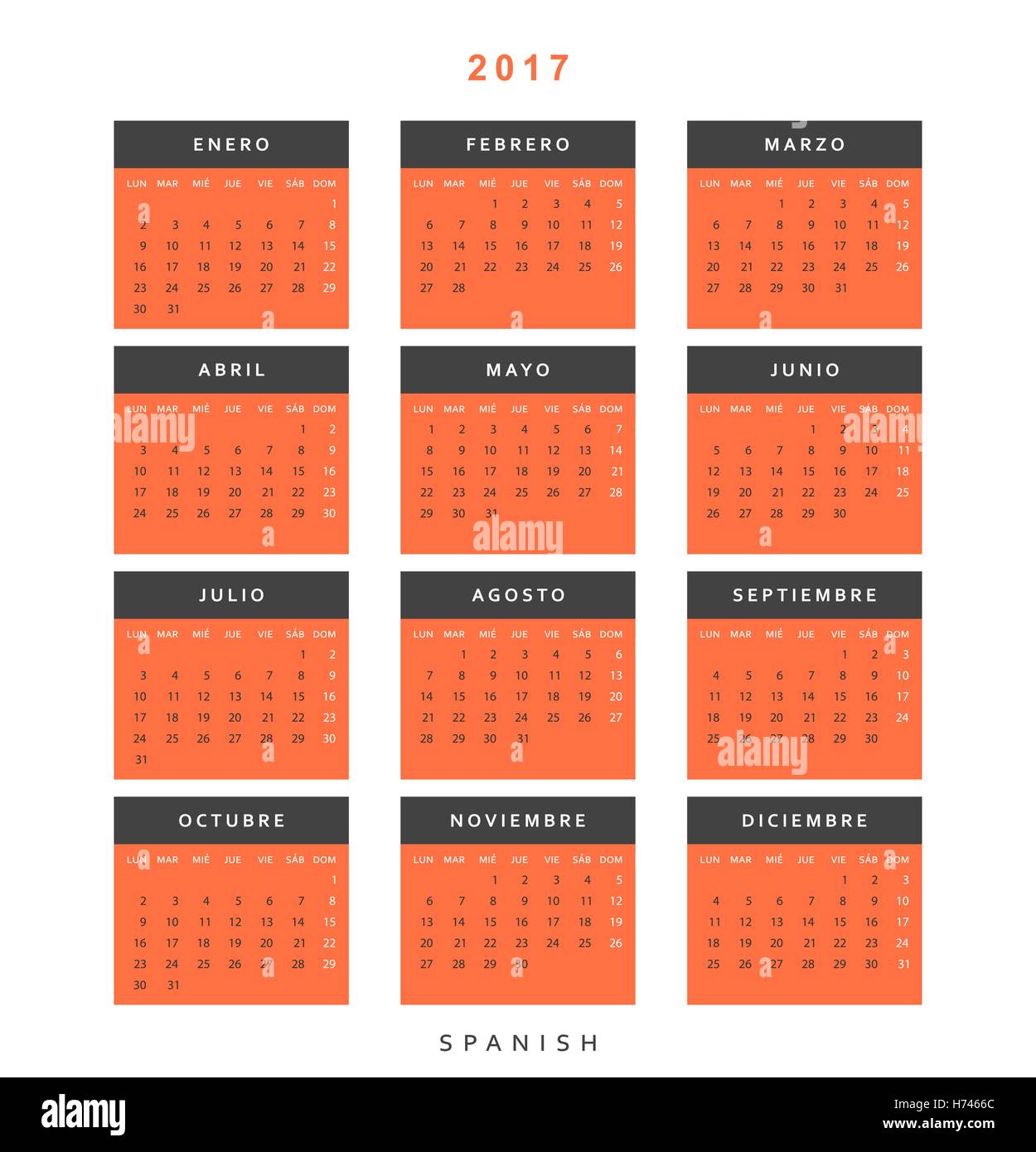 Calendar 2017 in Spanish simple modern. Template with a calendar for ...