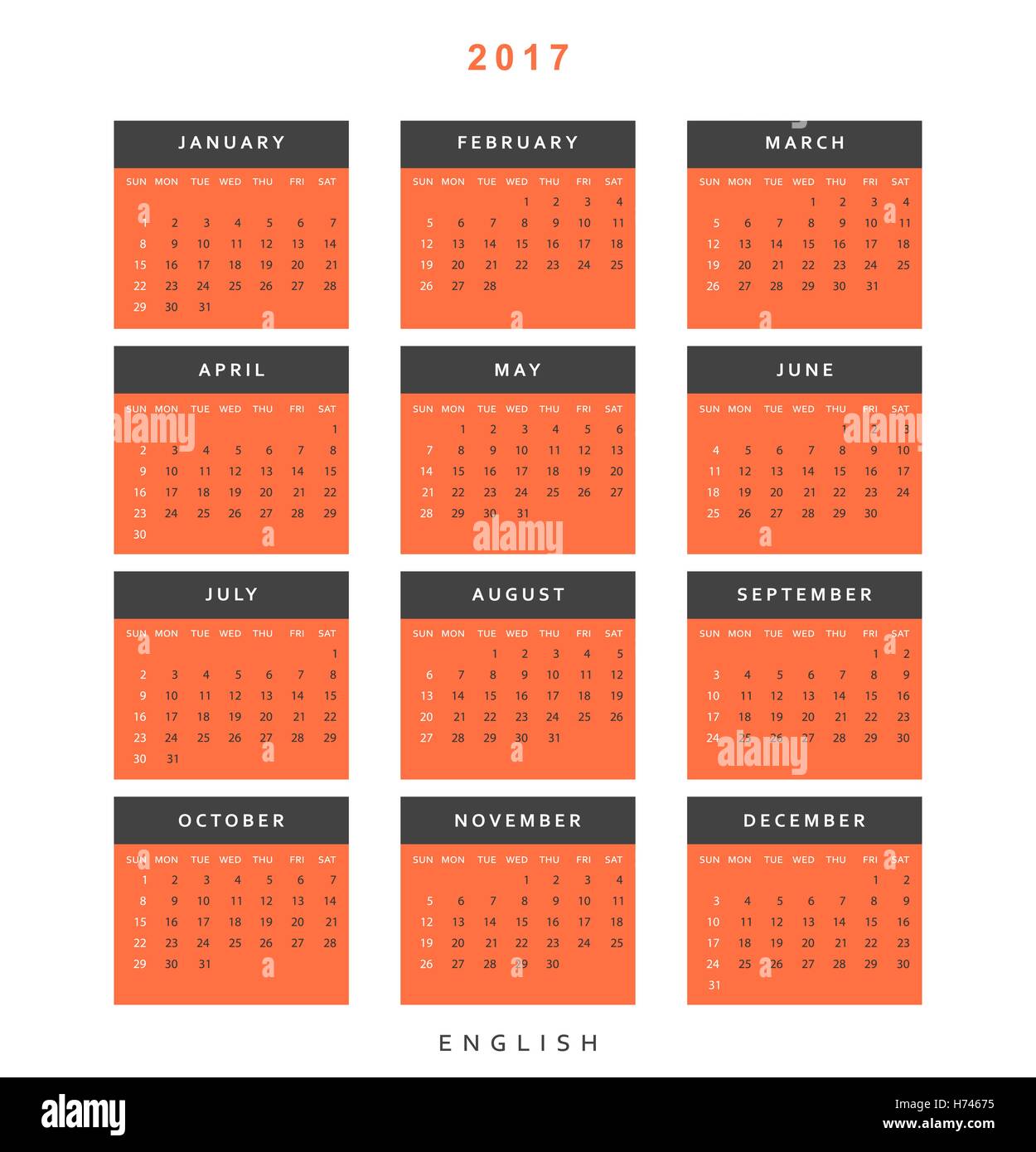Calendar 2017 year simple style. Week starts from sunday. Template with ...