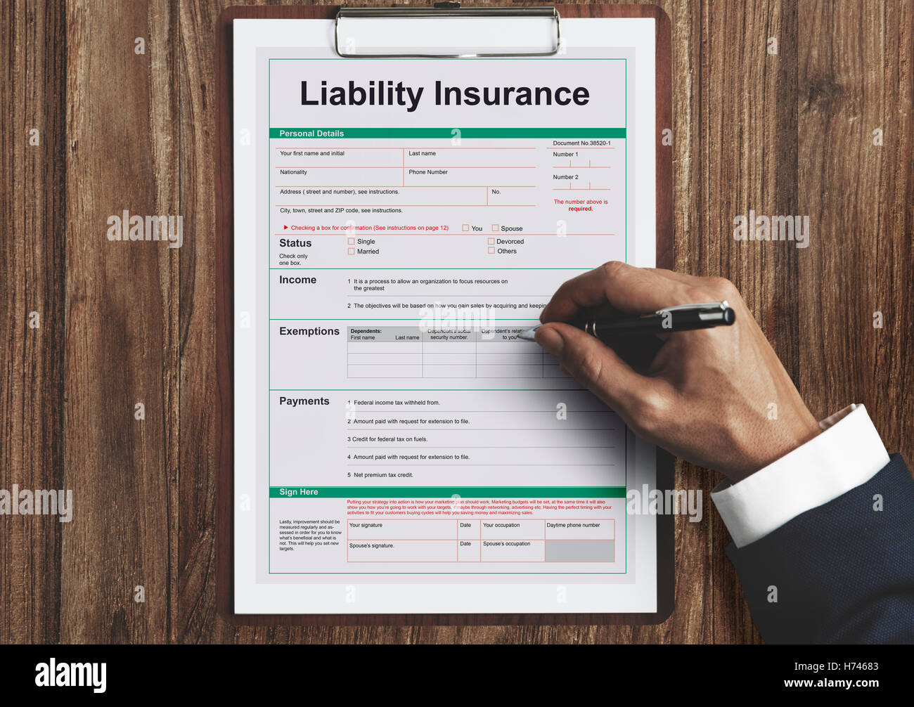 Liability Insurance Money RIsk Form Document Concept Stock Photo - Alamy
