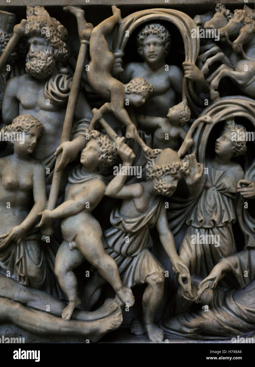 Sarcophagus with the creation of mankid by Prometheus. White marble ...