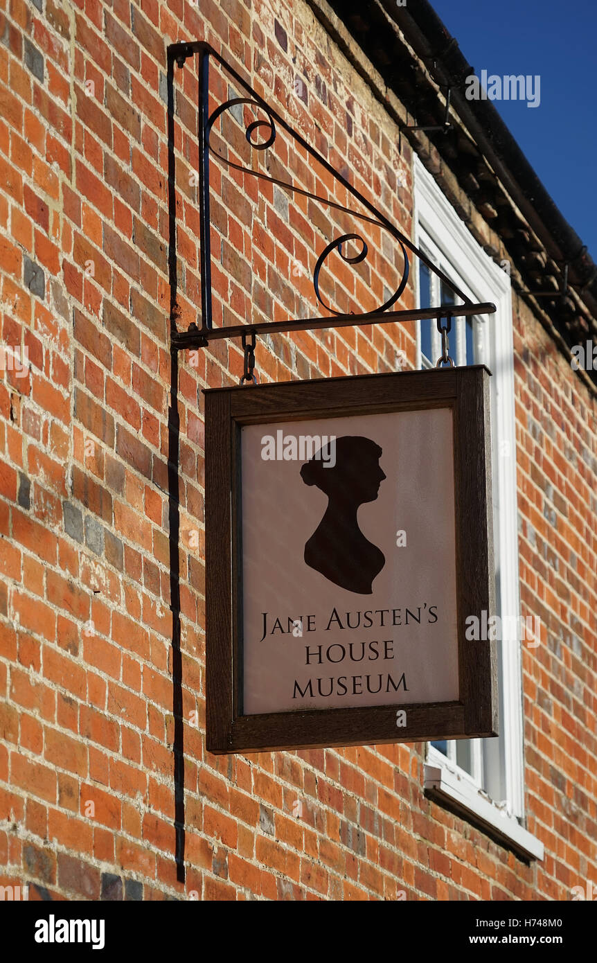 Jane Austen's House Museum's sign at Chawton, Hampshire, England Stock ...