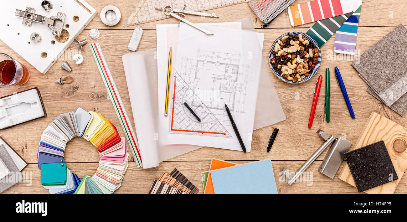 still life with designer tools, color and material patterns Stock Photo ...