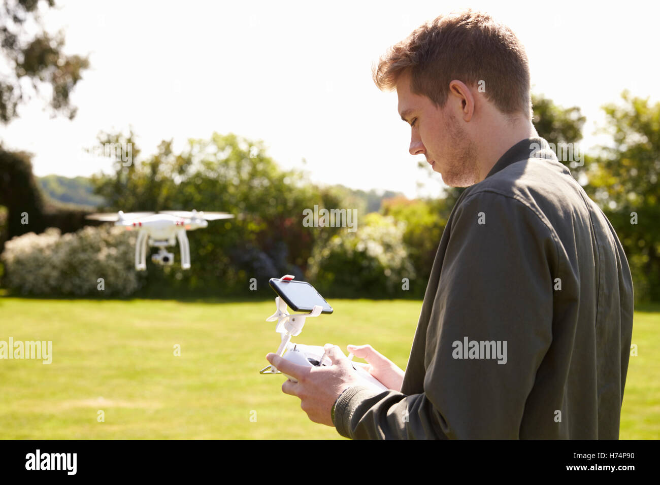 Man Flying Drone Quadcopter In Garden Stock Photo - Alamy