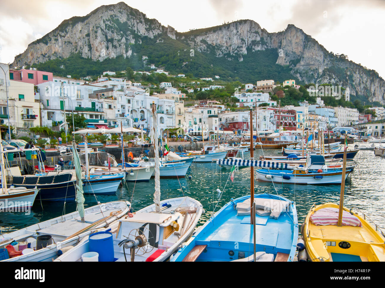 the view on Capri town from its harbour, called Marina Grande, Italy ...