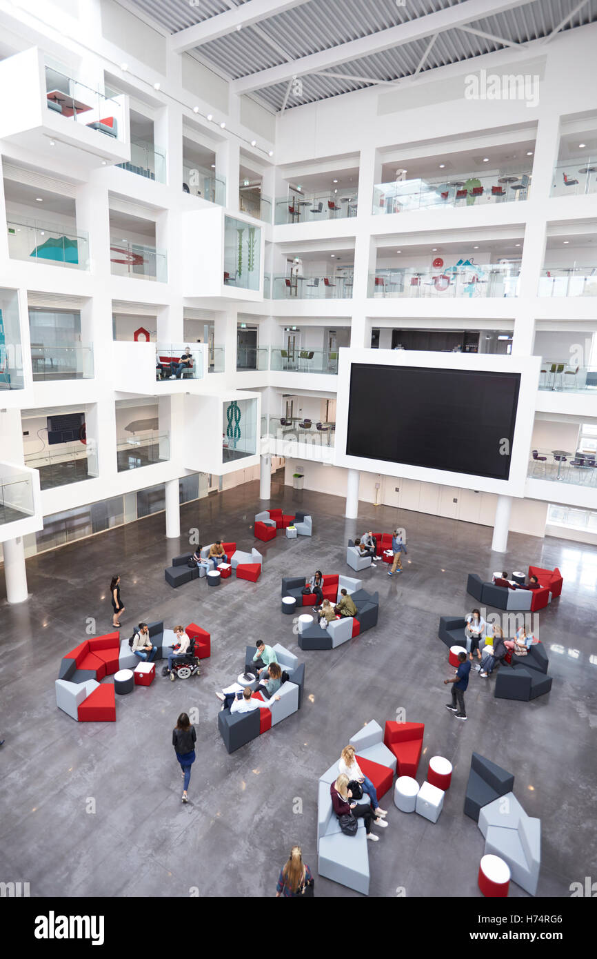 Modern university lobby atrium and study rooms, vertical Stock Photo ...