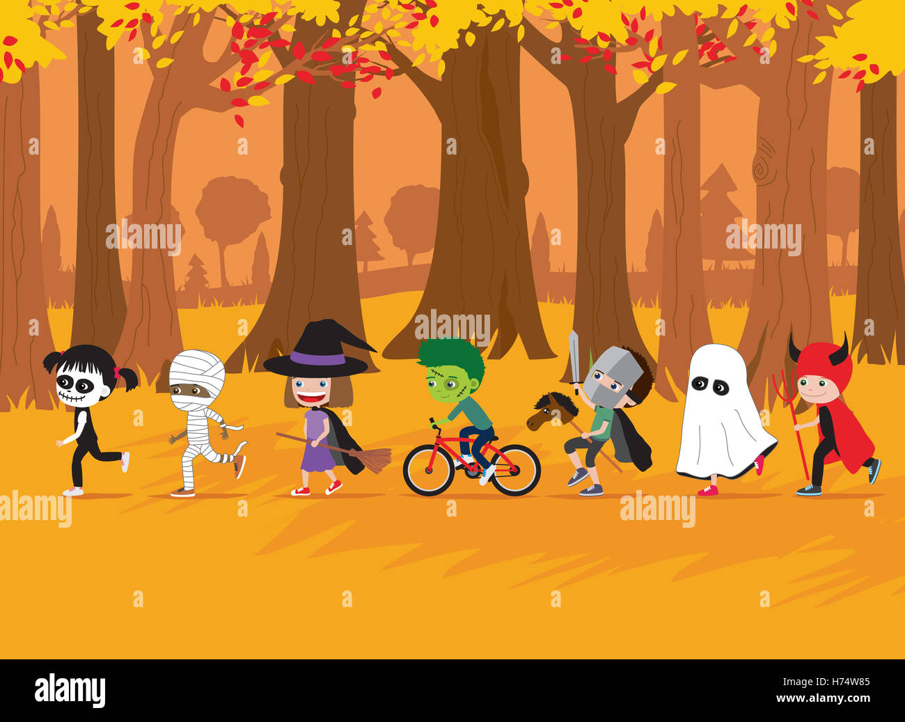 Halloween children. Cute cartoon kids in costumes: skeleton, mummy ...