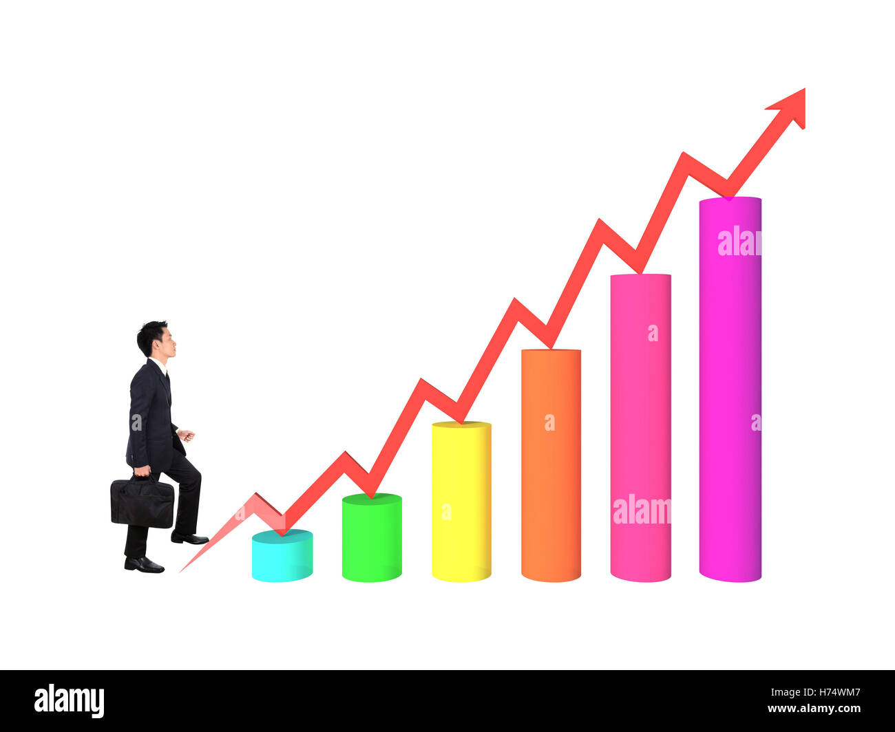 business man stepping forward on a growing 3d bar graph with arrow ...