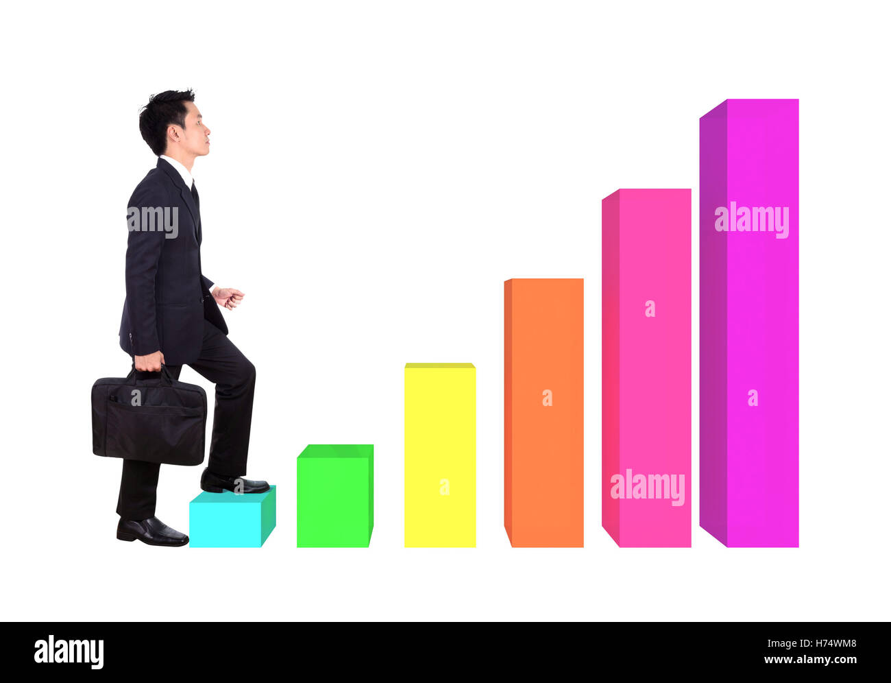business man stepping forward on a growing 3d bar graph Stock Photo - Alamy