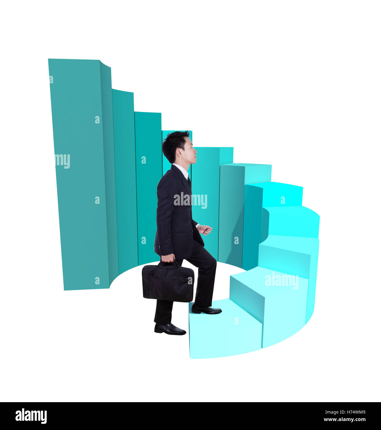 business man stepping forward on a growing 3d circular bar graph Stock ...