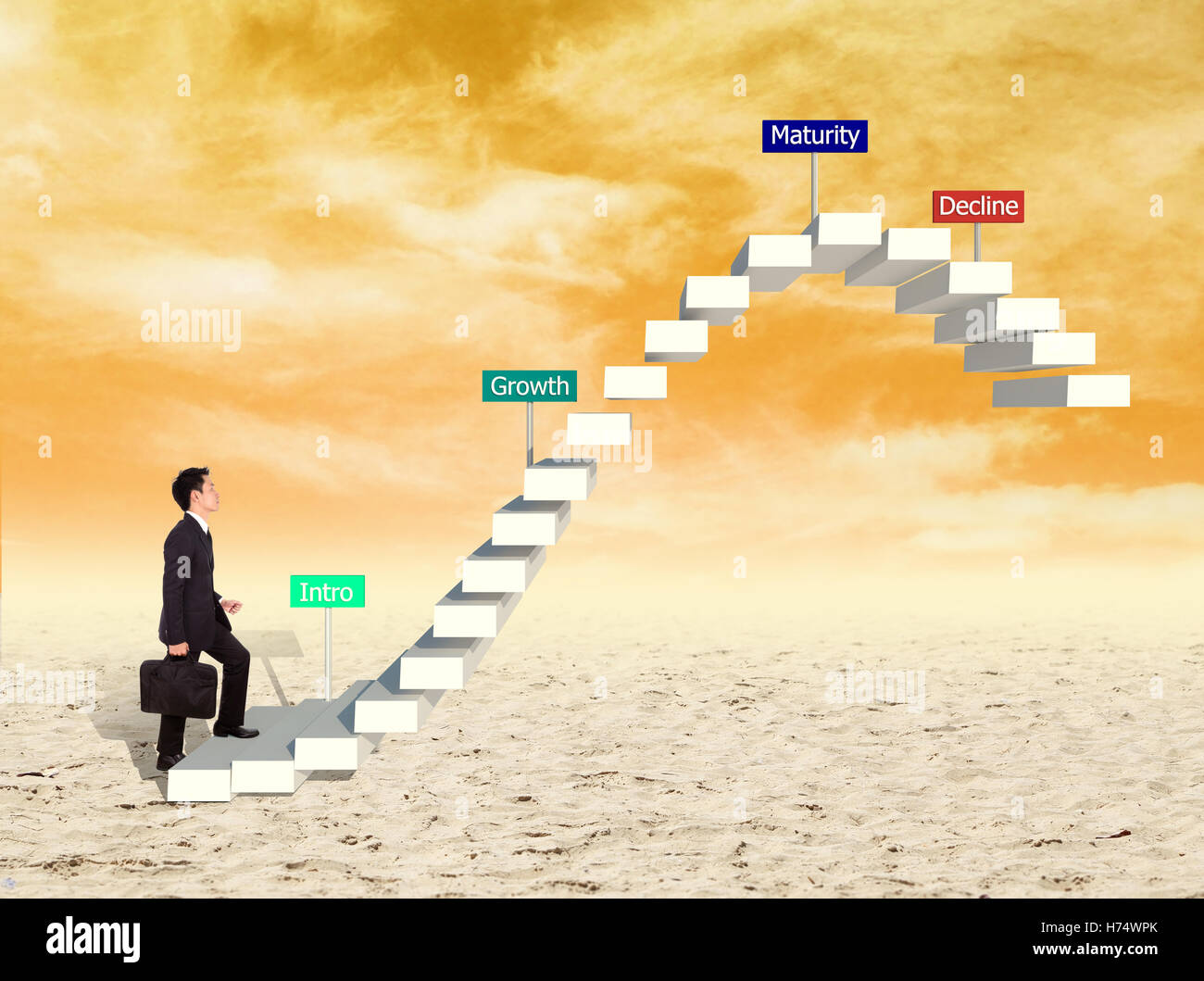 business man stepping forward on stair with product life cycle concept ...
