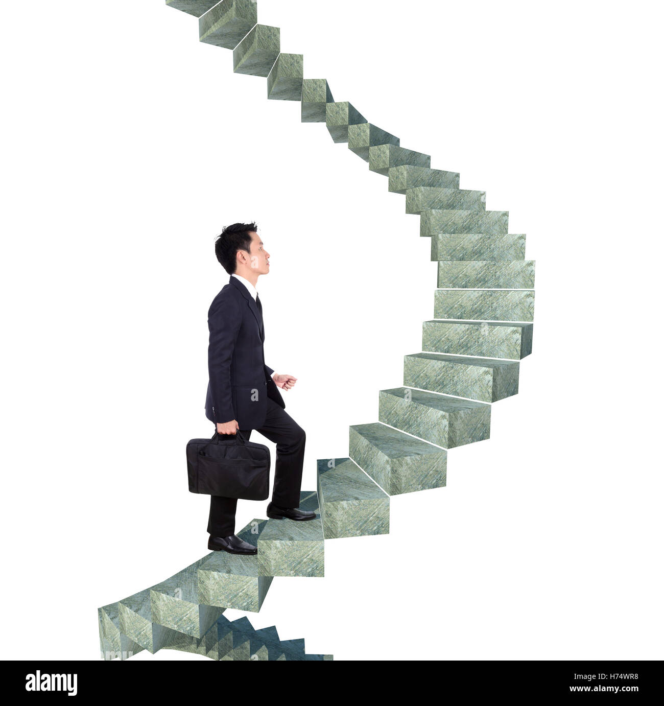 business man going upstairs in a curved staircase to success isolated ...