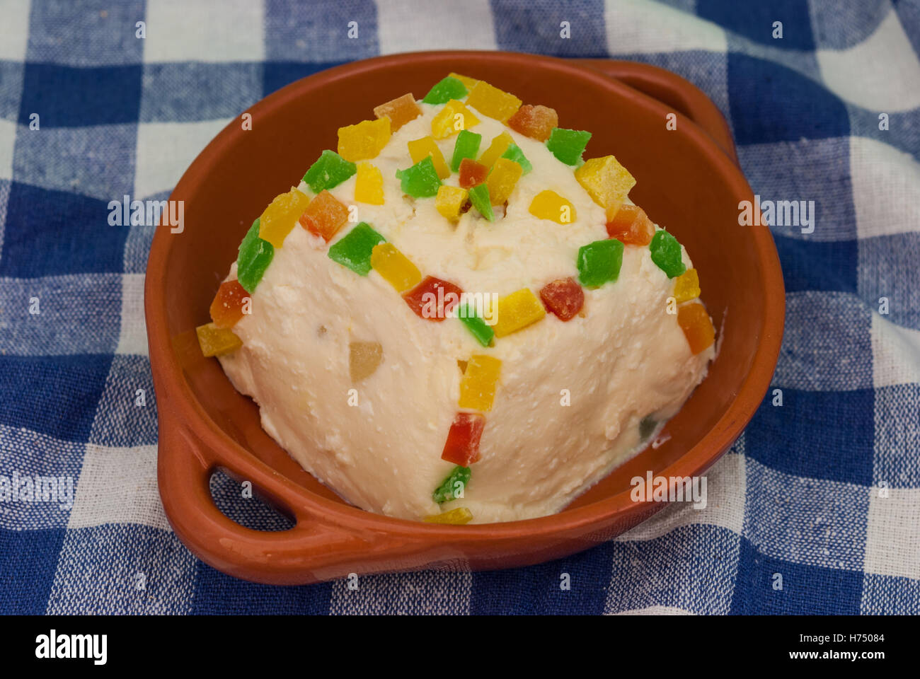 Traditional Russian cottage cheese dessert (paskha) with candied fruits ...