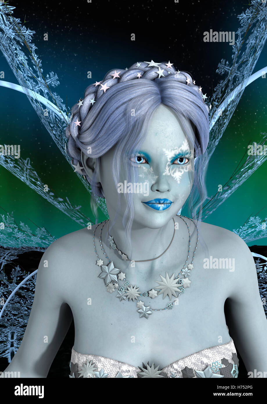 3D rendering of a beautiful winter fairy on a fantasy sky background ...