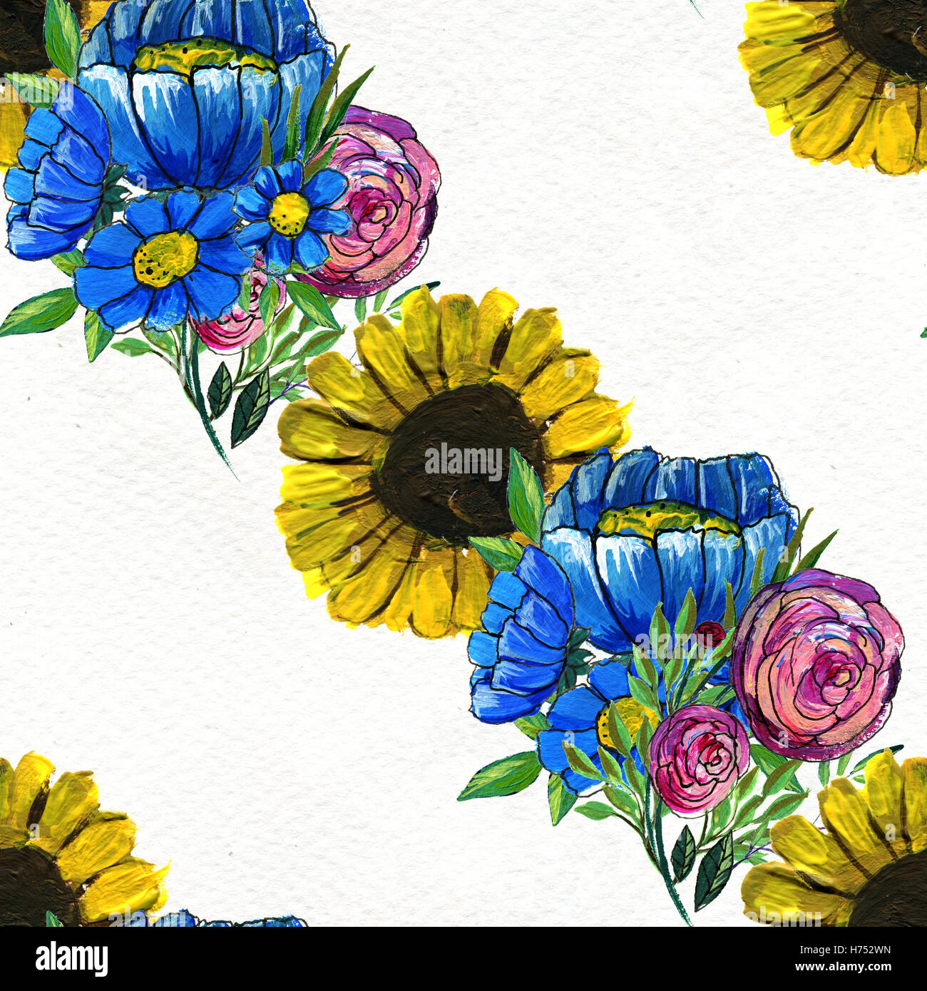 Seamless pattern with blue yellow and pink flowers Stock Photo - Alamy