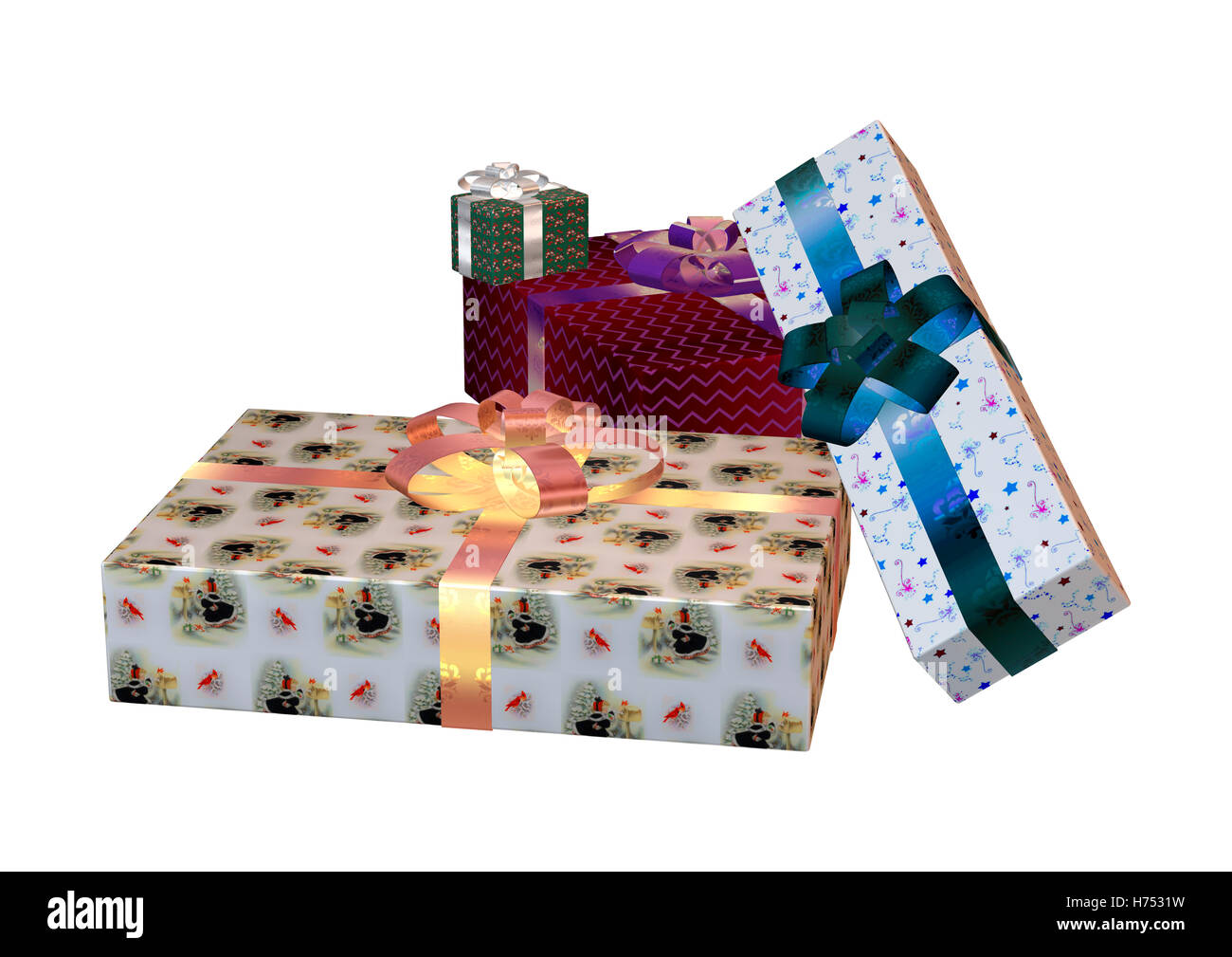 3D rendering of a Christmas present pile isolated on white background ...