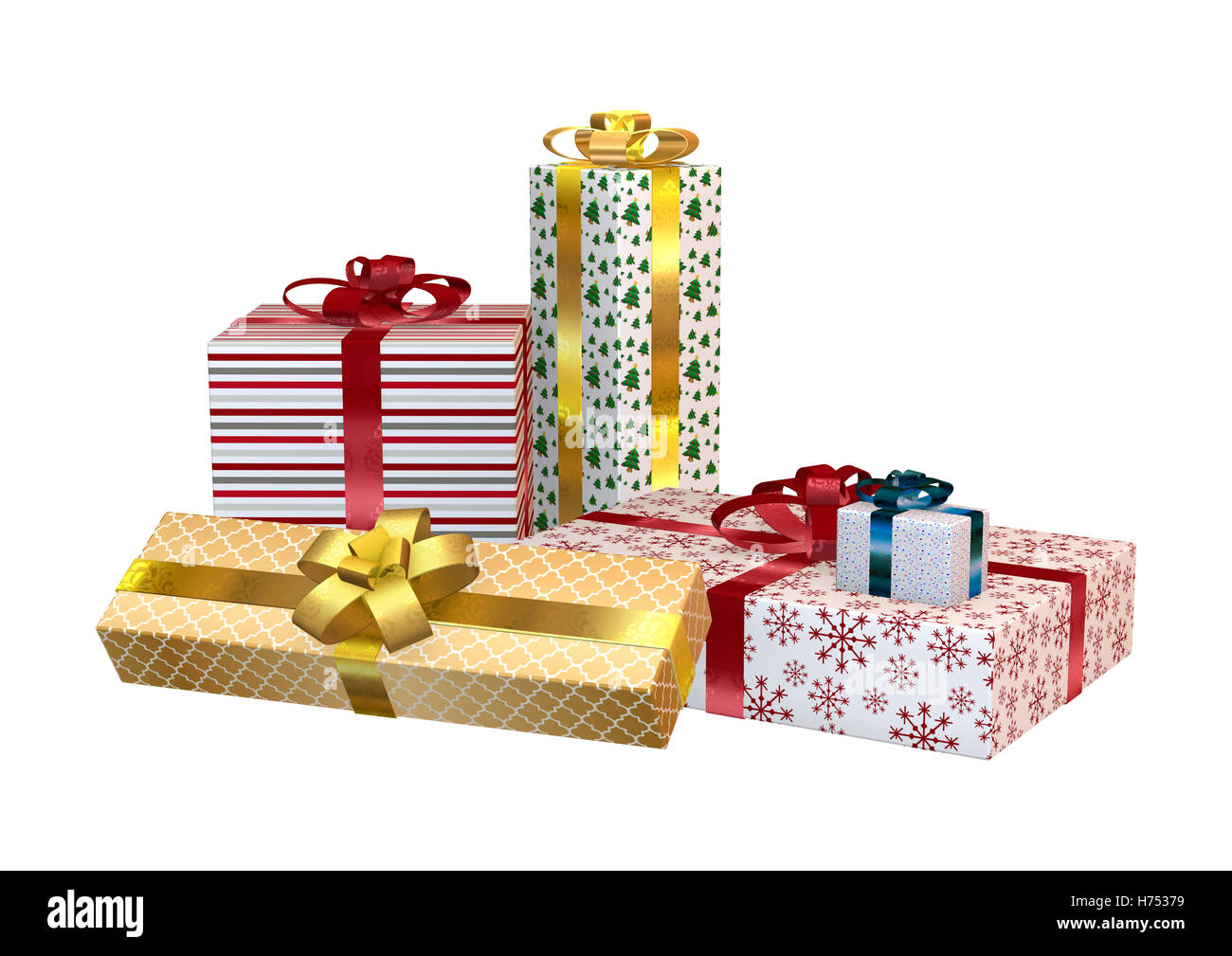 3D rendering of a Christmas present pile isolated on white background ...