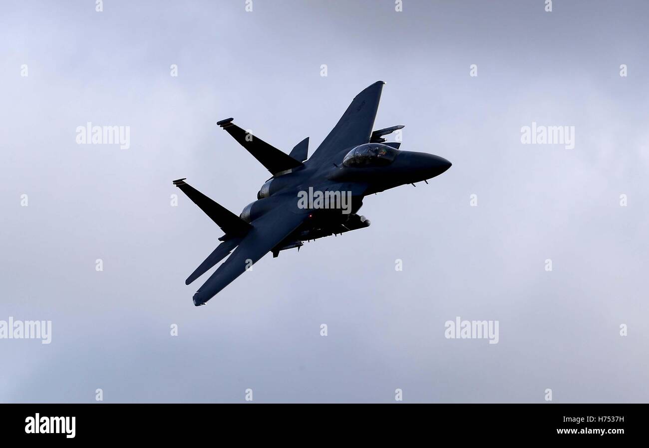 An F-15 jet is seen from Cad West, as it flies low level through the ...