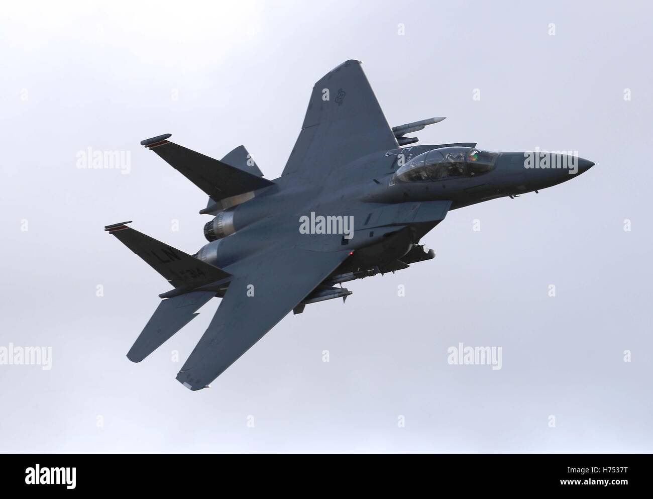 An F-15 jet is seen from Cad West, as it flies low level through the ...