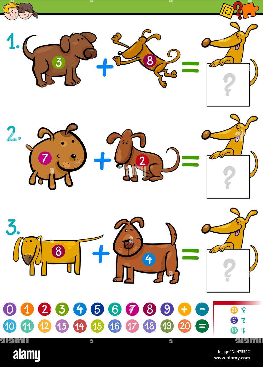 Cartoon Illustration of Educational Mathematical Addition Activity Task ...