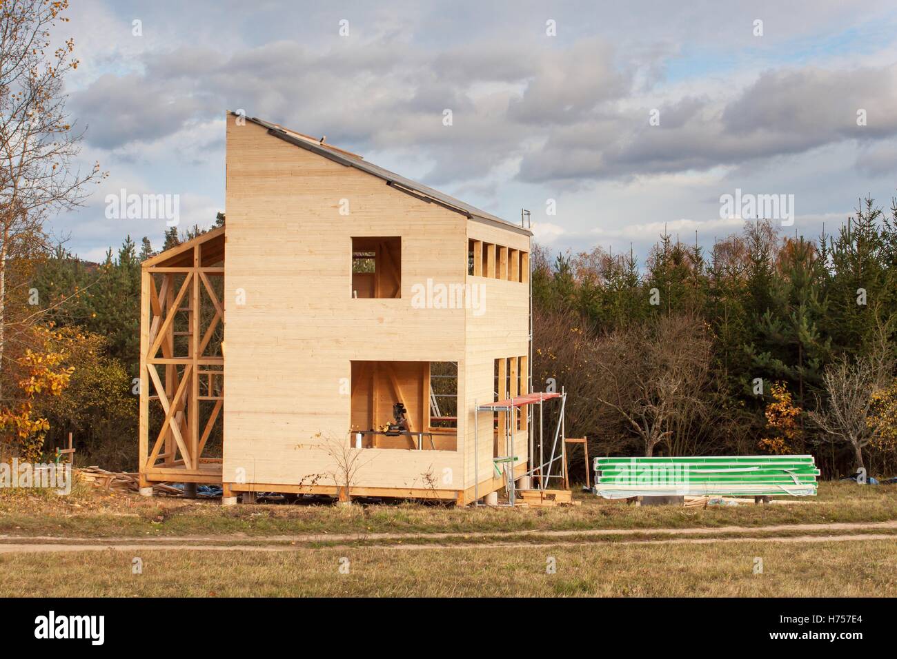 Construction of ecological house. External work on the building ...