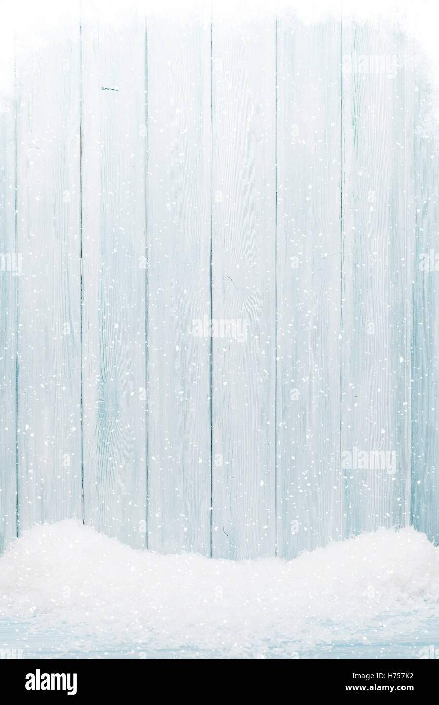 Blue wooden wall texture with snow christmas background Stock Photo - Alamy