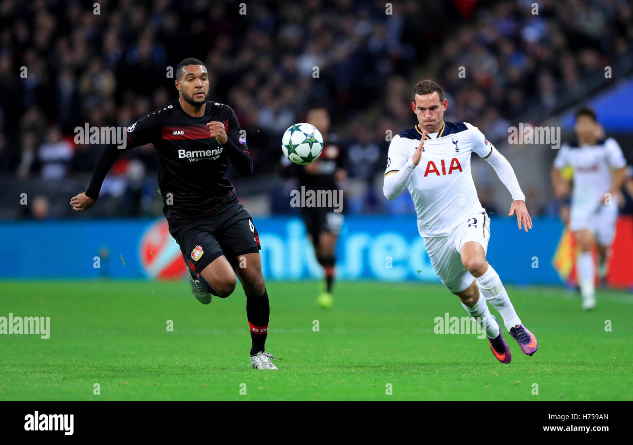 Bayer Leverkusen's Jonathan Tah (left) and Tottenham Hotspur's Vincent ...