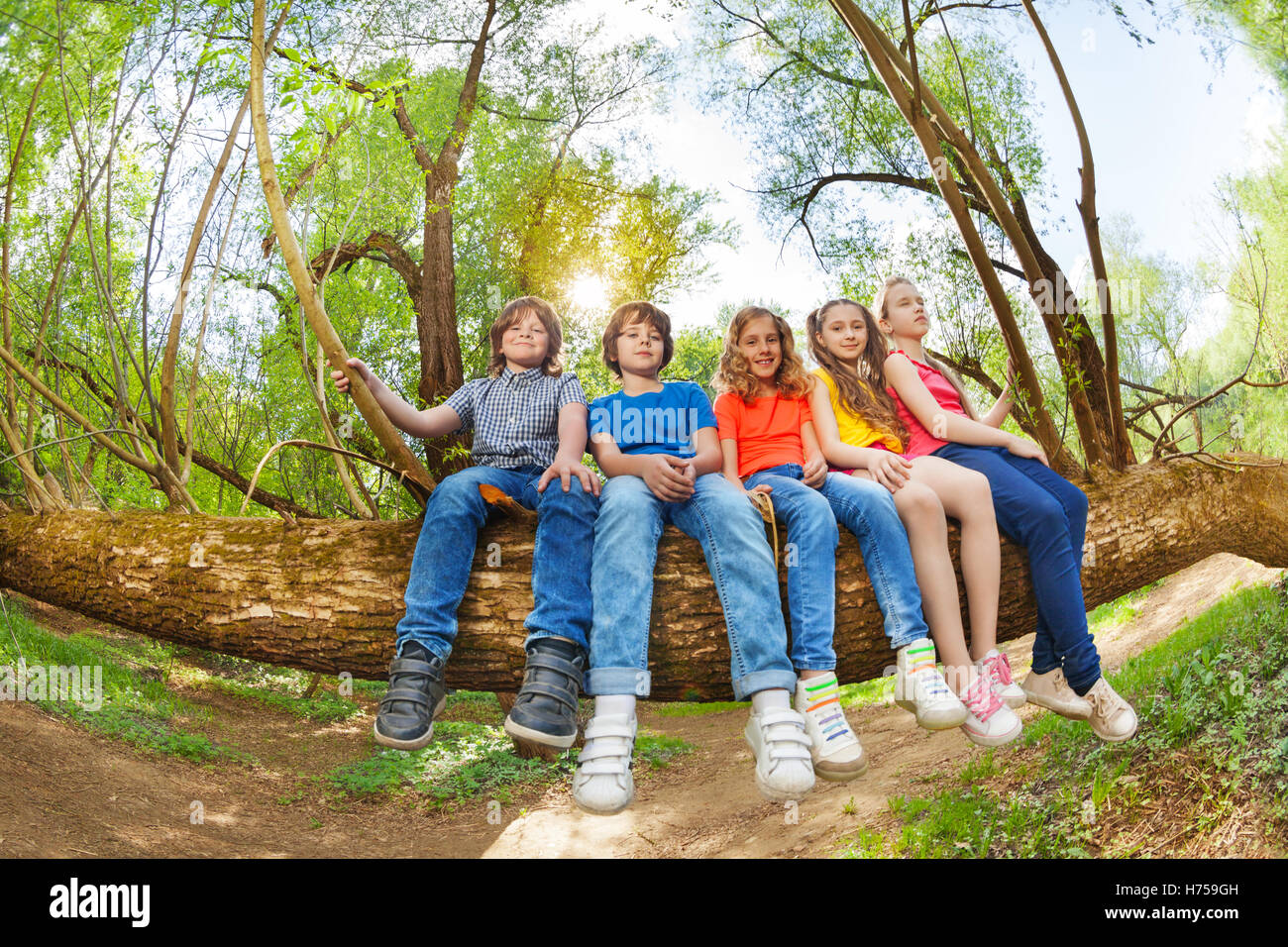 Kids having fun sitting on trunk of fallen tree Stock Photo - Alamy