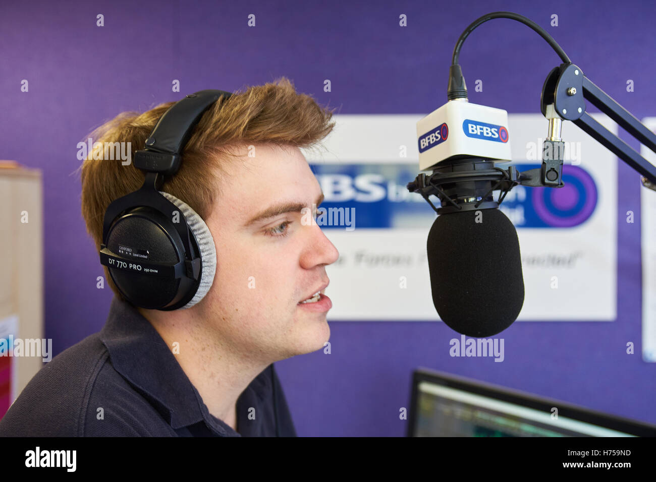 Presenter Alex Gill at Brize Norton British Forces Broadcasting Service ...